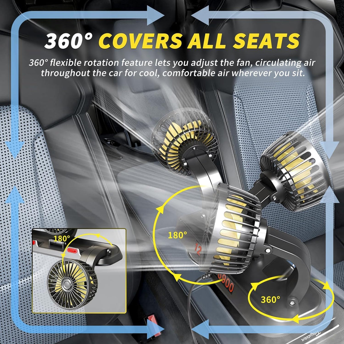 AutoBizarre 12V Electric Car Cooling Fan 360° Rotatable Triple Heads A