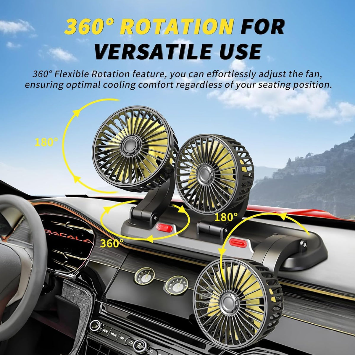 AutoBizarre 12V Electric Car Cooling Fan 360° Rotatable Triple Heads A